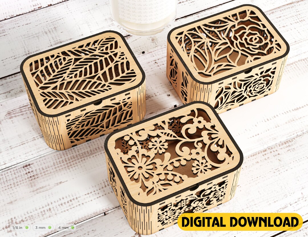 Decorative Wooden Box With Flowers & Leaves Pattern Laser Cut Jeweler ...