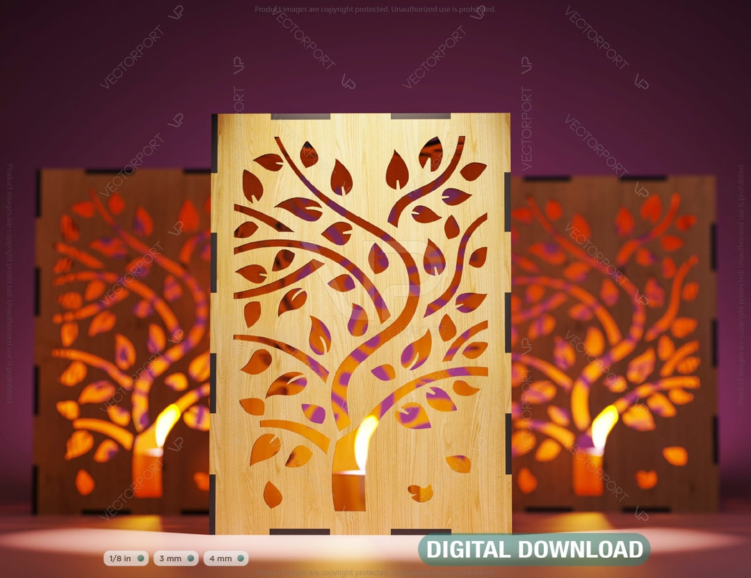Tree Leaves Candle Holder Laser Cut Lamp Wood Tea Light Lantern Votive ...