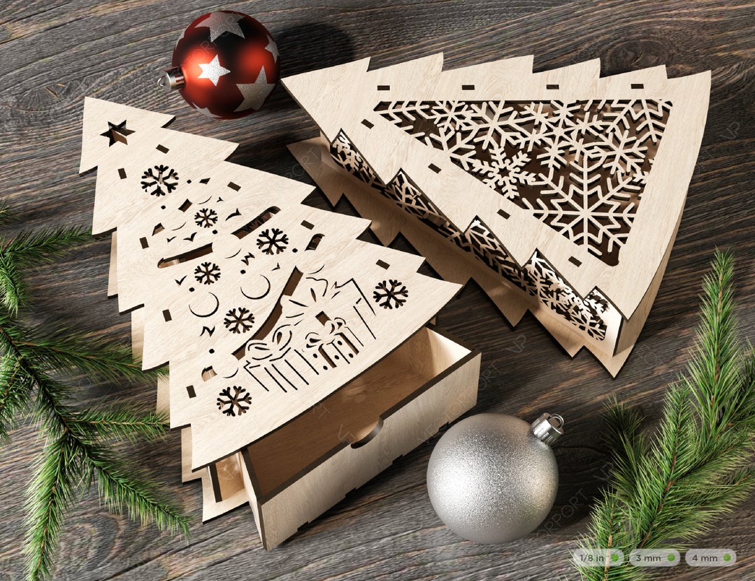 Christmas Tree Decorative Wooden Gift Box Tree Shape Laser Cut - Etsy