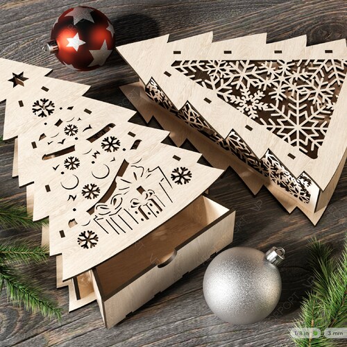 Christmas Tree Decorative Wooden Gift Box Tree Shape Laser Cut - Etsy