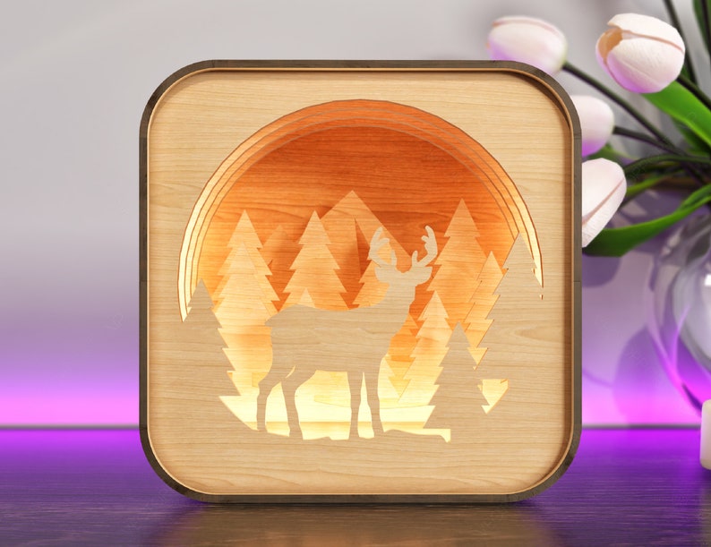 Wooden Night Lamp Deer Forest Scene Multilayer Shadowbox Laser - Etsy