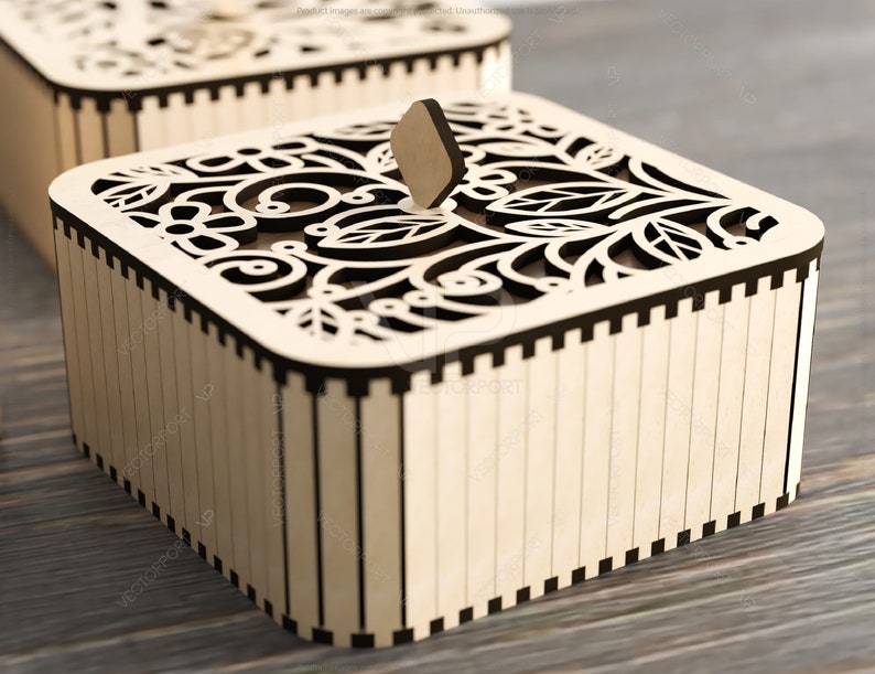 Square Shaped Wooden Gift Box Jewelry Laser Cut Box Template Wedding ...