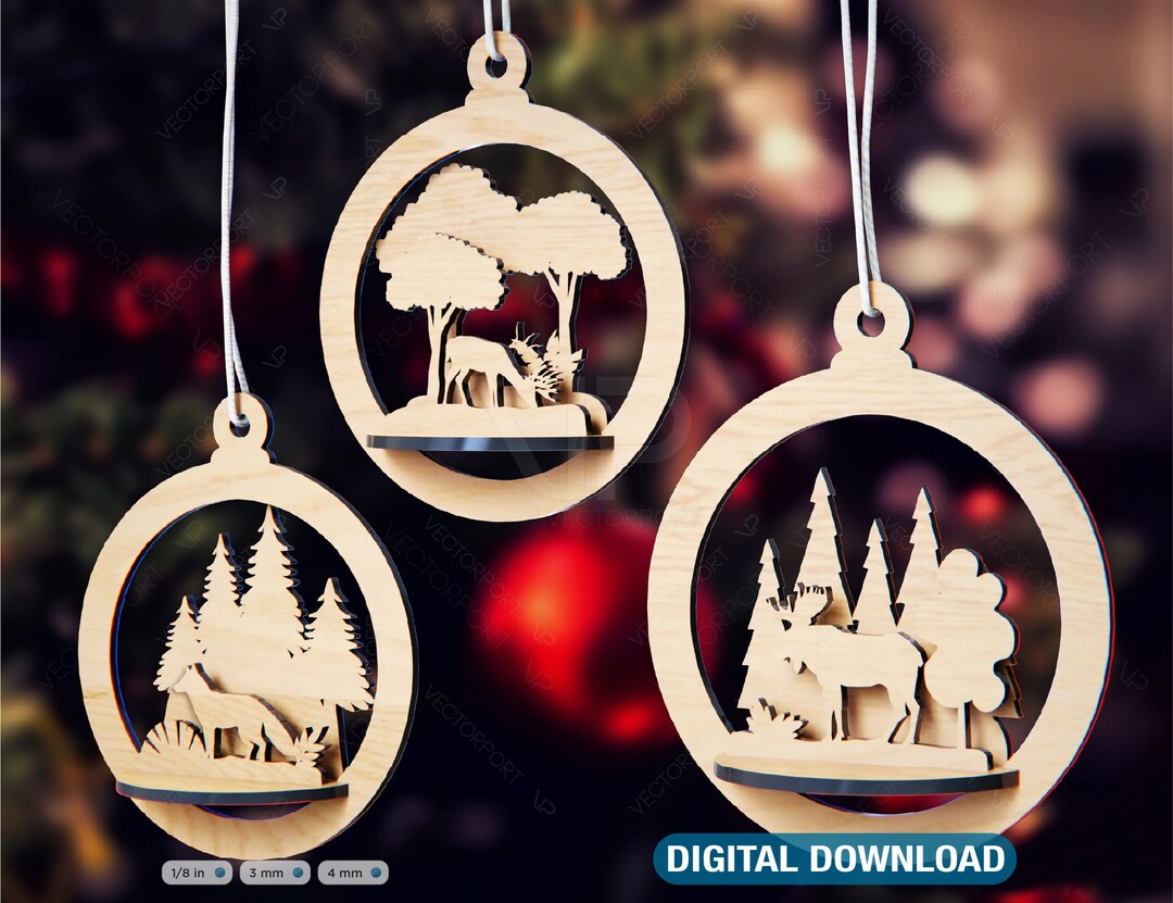 Tree Bauble Wood 3D Laser Cut Christmas Ball Ornament Round Design Set ...