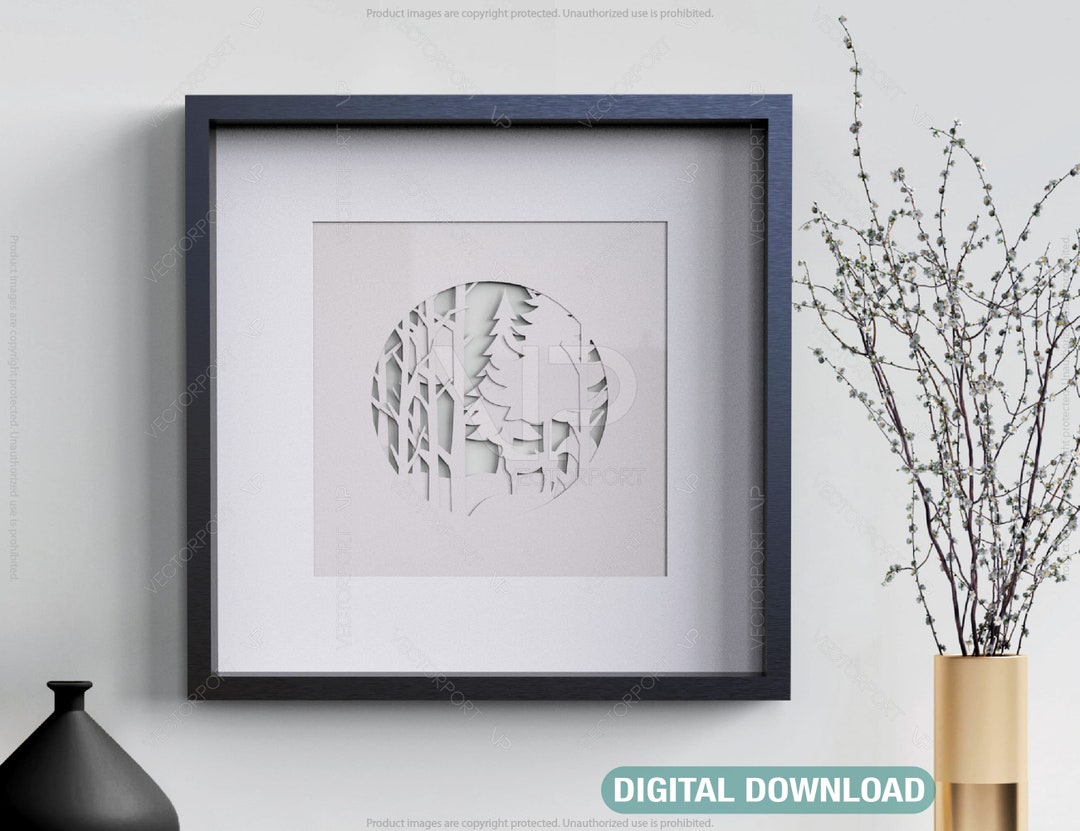 Winter Scene With Deer Landscape Multilayer Shadow Box Frame Wall Decor ...