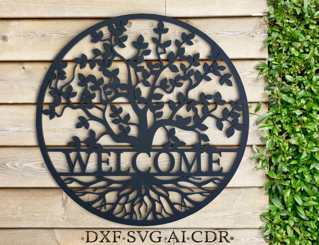 Round Tree With Leaves Split Monogram Name Sign Letter Digital - Etsy