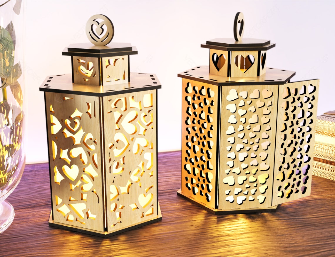 Wooden Decorative Lantern Laser Cut Heart Shape Night Light 3D - Etsy
