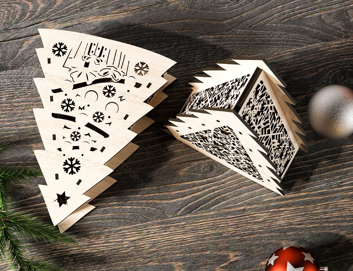 Christmas Tree Decorative Wooden Gift Box Tree Shape Laser Cut - Etsy