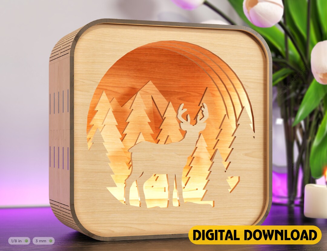 Wooden Night Lamp Deer Forest Scene Multilayer Shadowbox Laser Cut ...