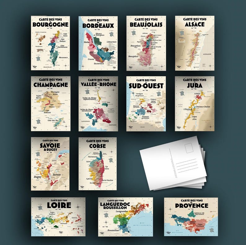 Pack of 13 Postcards - Wine Map of Burgundy, Loire, Bordeaux ...
