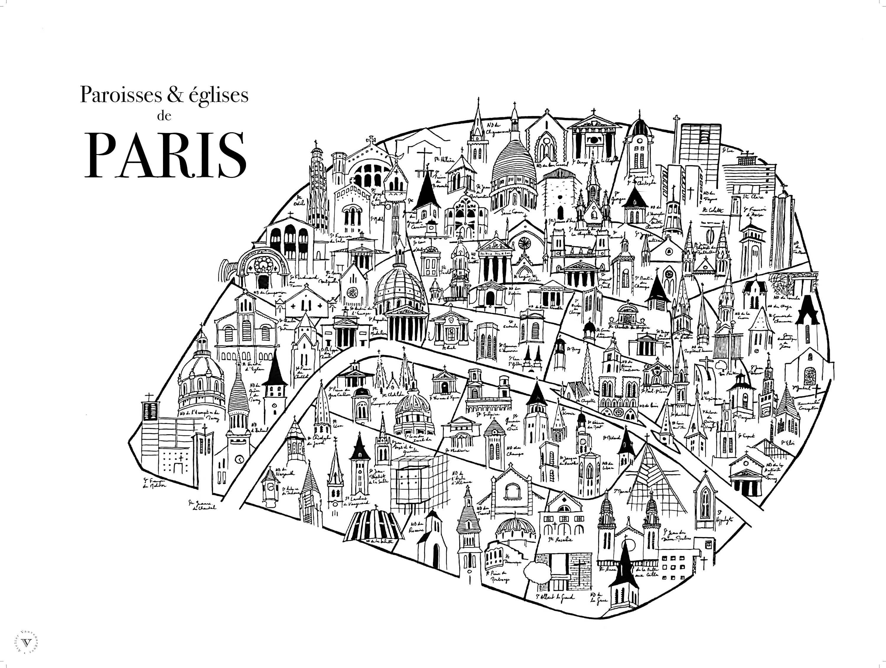 Map of Paris Churches Poster 30x40 Cm Gift Idea for Lovers of Paris and ...