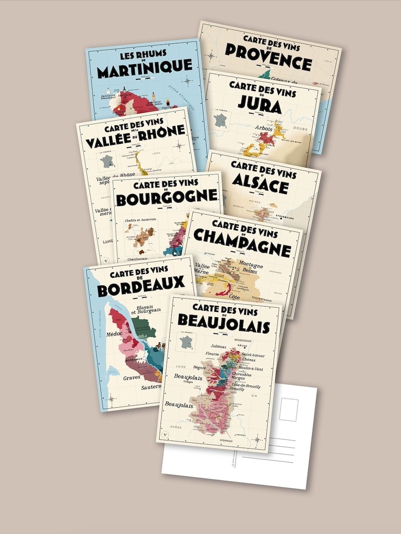 Pack of 13 Postcards - Wine Map of Burgundy, Loire, Bordeaux ...