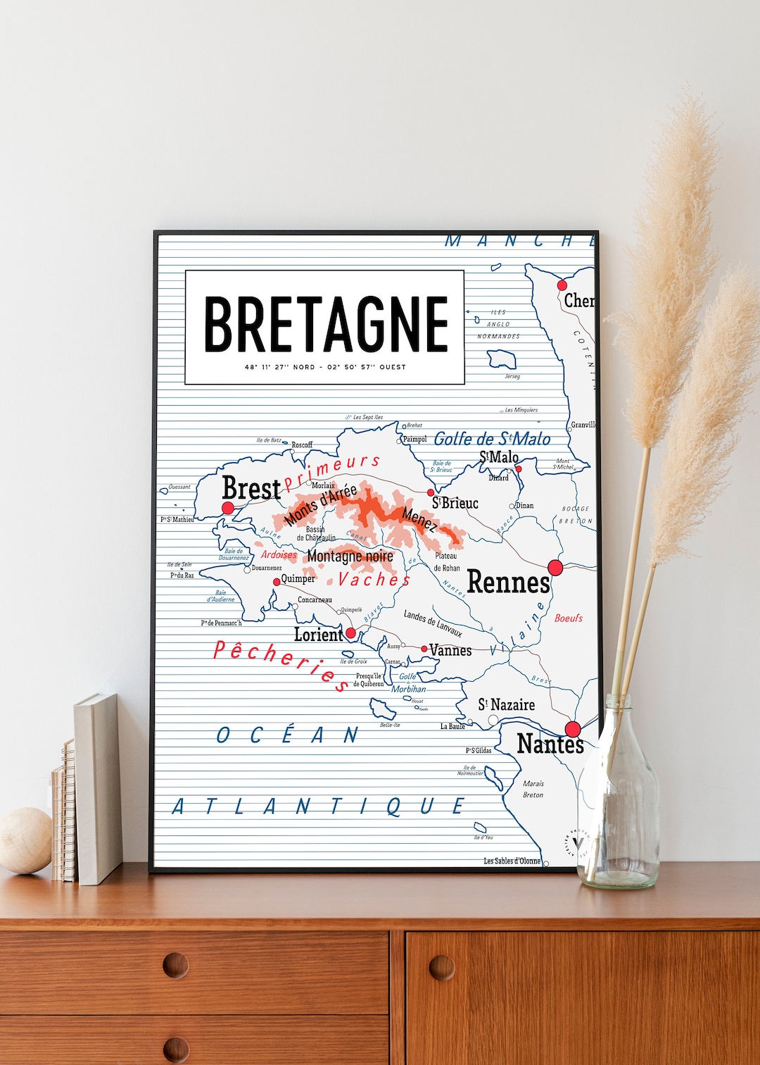 Vintage Map of Brittany - Poster 30x40 Cm - Gift Idea for Brittany ...