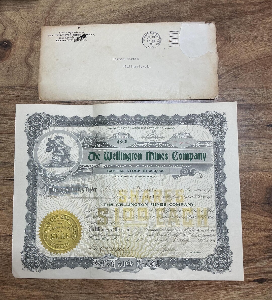 Antique Stock Certificate 1917 Wellington Mining Co. Mo. Scripophily ...