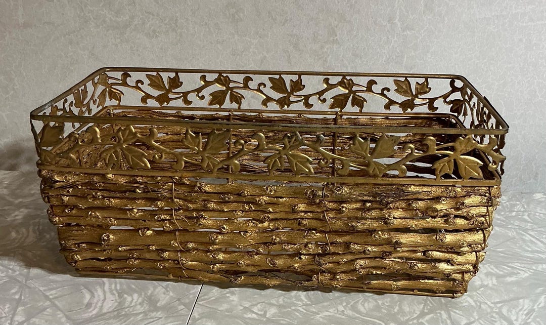 Vintage Metal Gold Floral Rectangle Basket - Etsy