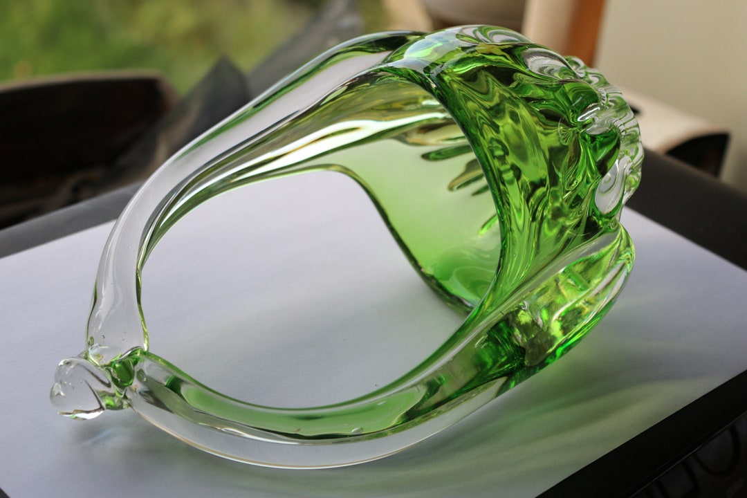 Vintage Murano Green & Clear Basket Shape Art Glass Vase 22cm Tall With ...