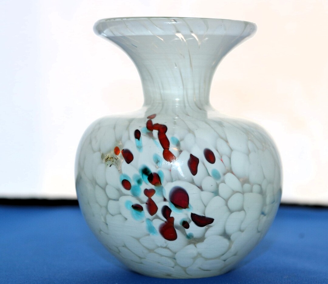 Vintage Mdina Malta White Mottled Art Glass Squat Vase Snow Ice Red ...
