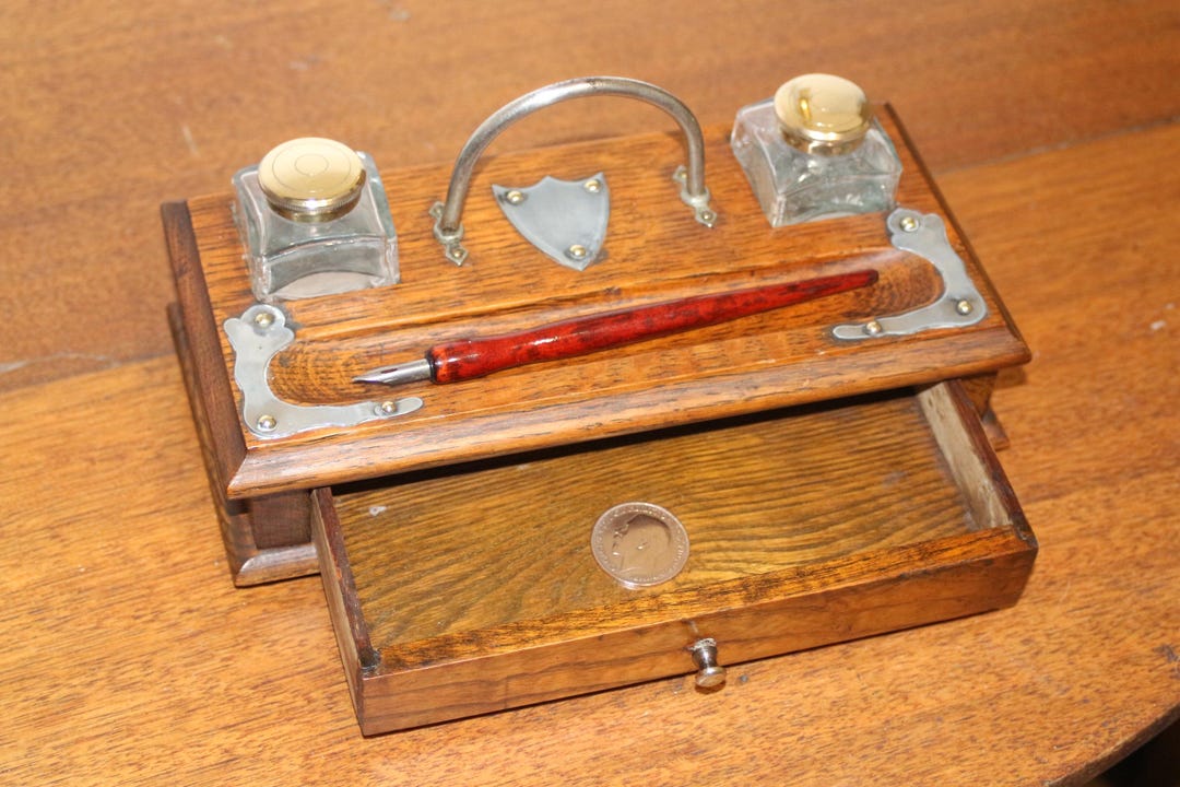 Antique Vintage Oak Wood Desk Tidy Glass Inkwell Stand With Drawer 2 ...