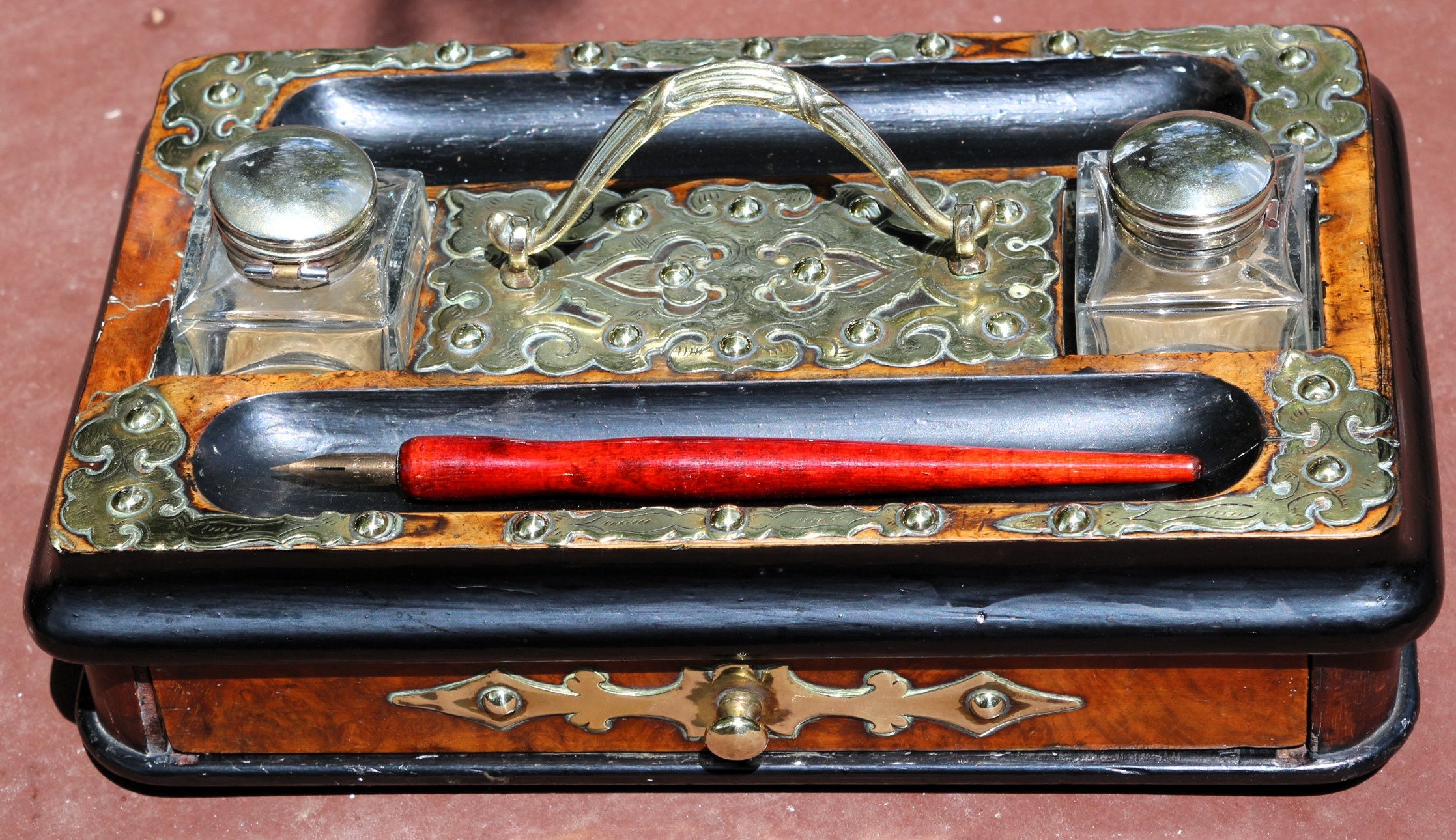 Antique Vintage Walnut Wood and Brass Desk Tidy Glass Inkwell Stand ...