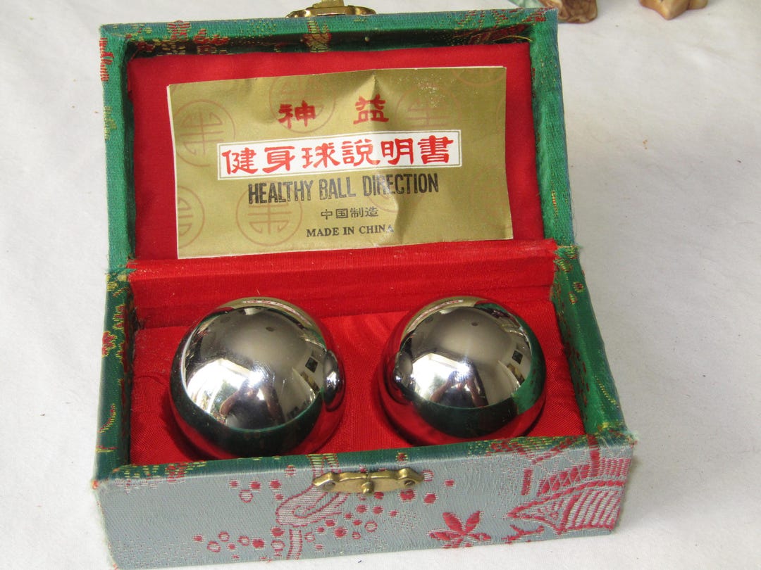 Chrome Baoding Chinese Chiming Iron Balls Stress Relief Aid Blue Boxed ...