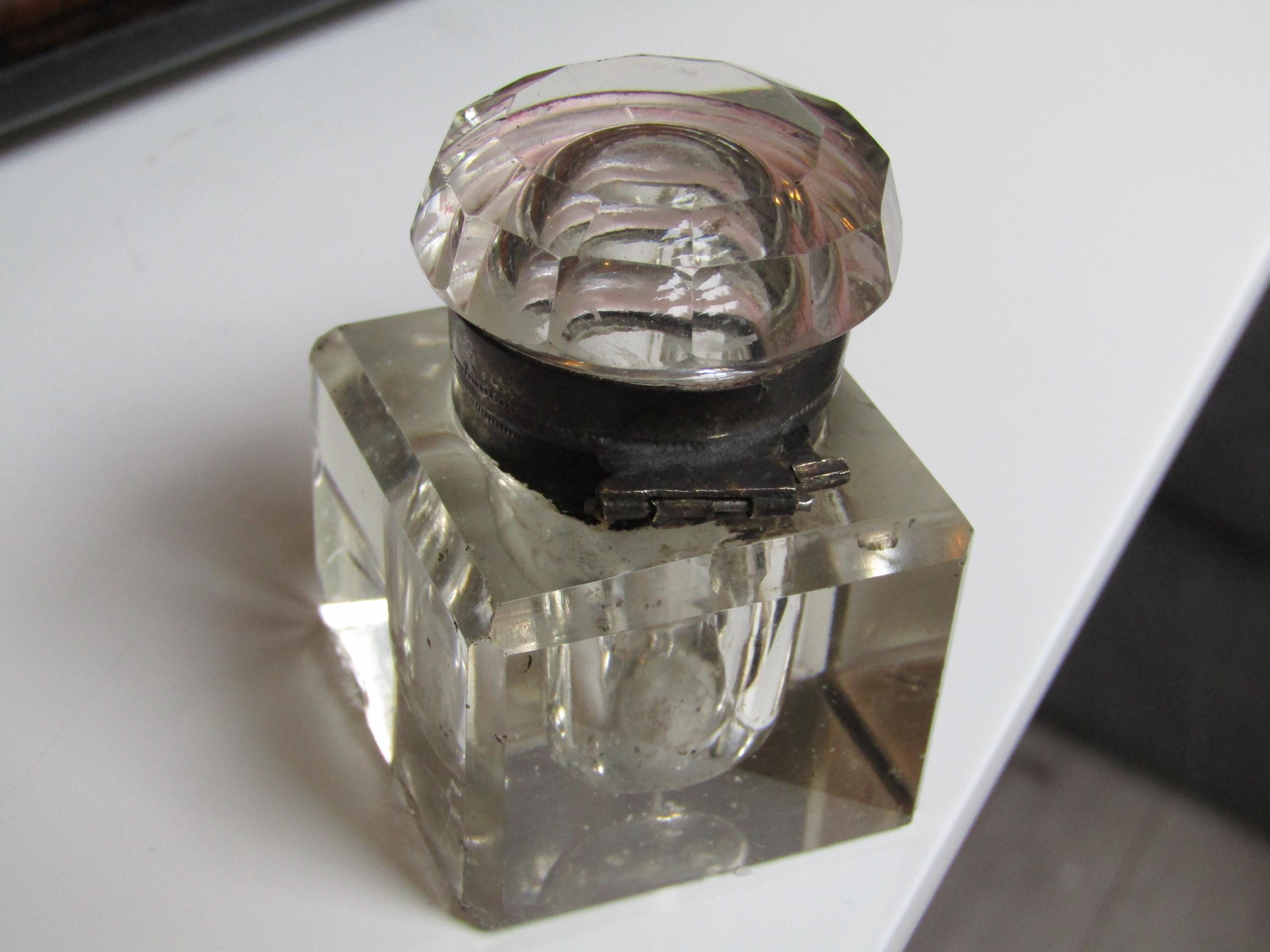 Vintage Walnut Wood Desk Tidy Glass Inkwell Stand With Drawer 2 ...