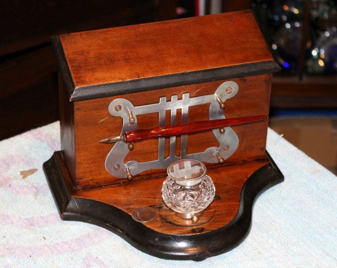 Antique 1907 Desktop Letter Box Stationery Rack Glass Inkwell Dip Pen ...