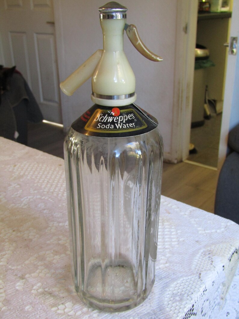 Vintage Heavy Glass Schweppes Soda Water Syphon Acid Etched Glass 30cm ...