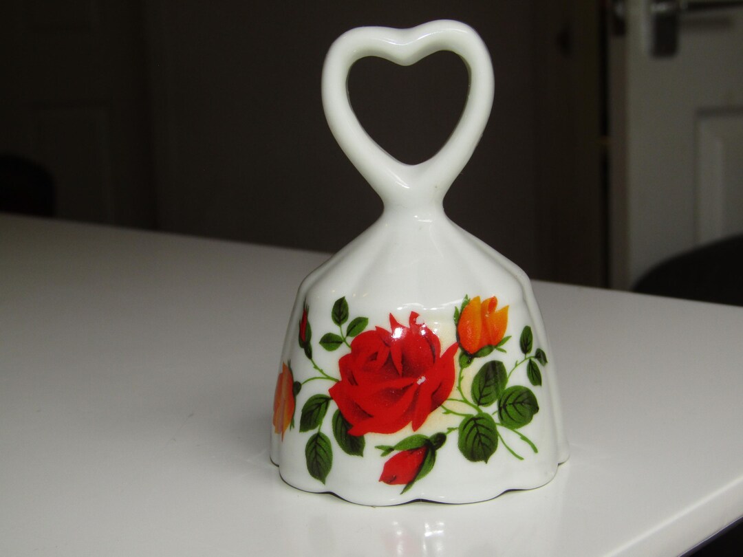 Vintage Fine Bone China Bell With Heart Shaped Handle & Red Rose Design ...