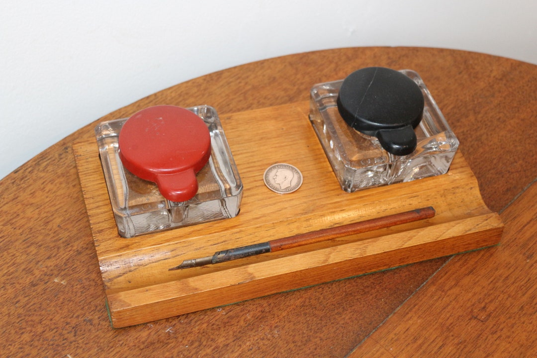 Vintage 1930s Golden Oak Wood Twin Inkwell Stand Wooden Base With Dip ...
