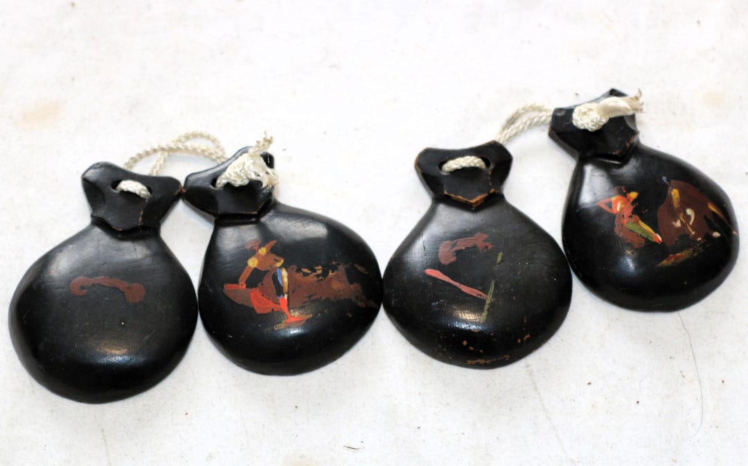 Vintage Black Wooden Castanets Spanish Percussion Wood Instruments Hand ...