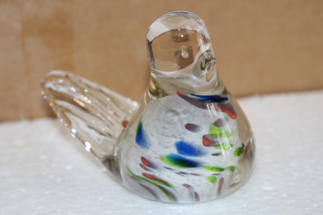 Vintage Mtarfa Malta Art Glass Paperweight Bird Cased White Blue Green ...