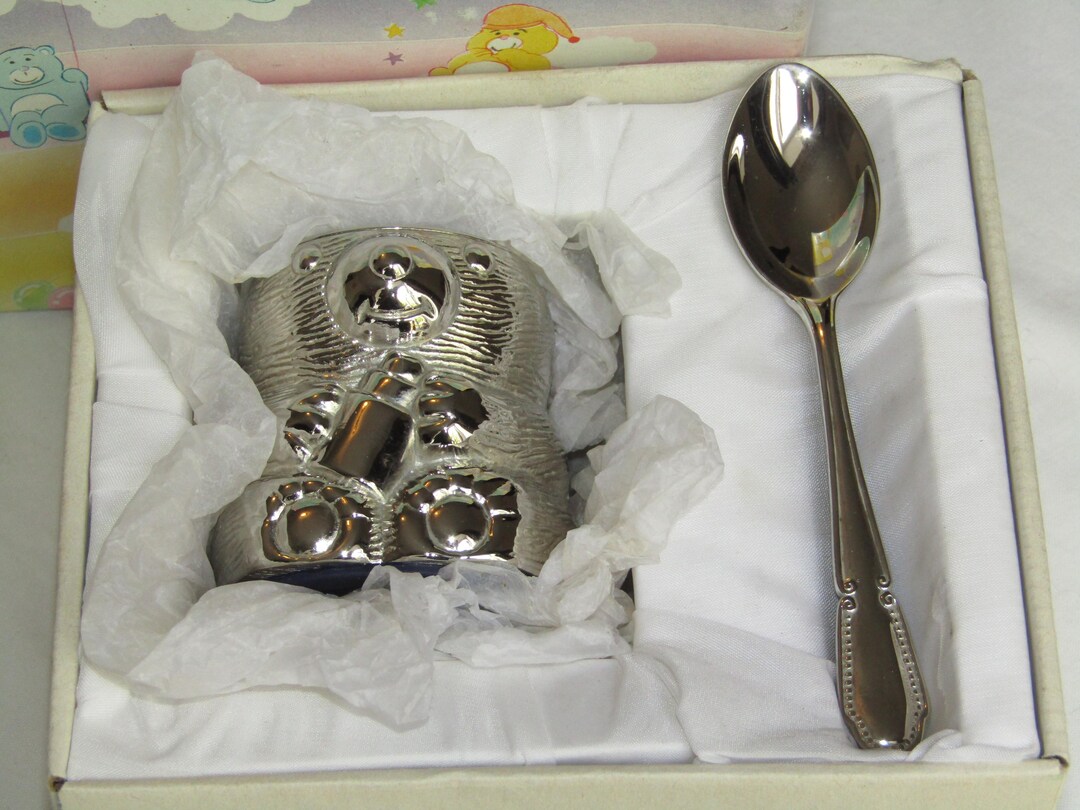 Vintage Childs Teddy Bear Egg Cup & Spoon Set in Box Christening ...