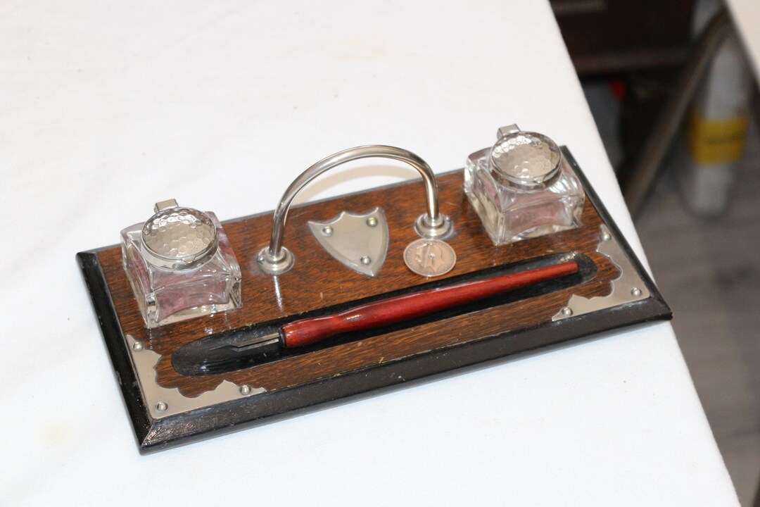 Antique Vintage 1920's Oak Wood Desk Tidy Glass Inkwell Stand 2 ...
