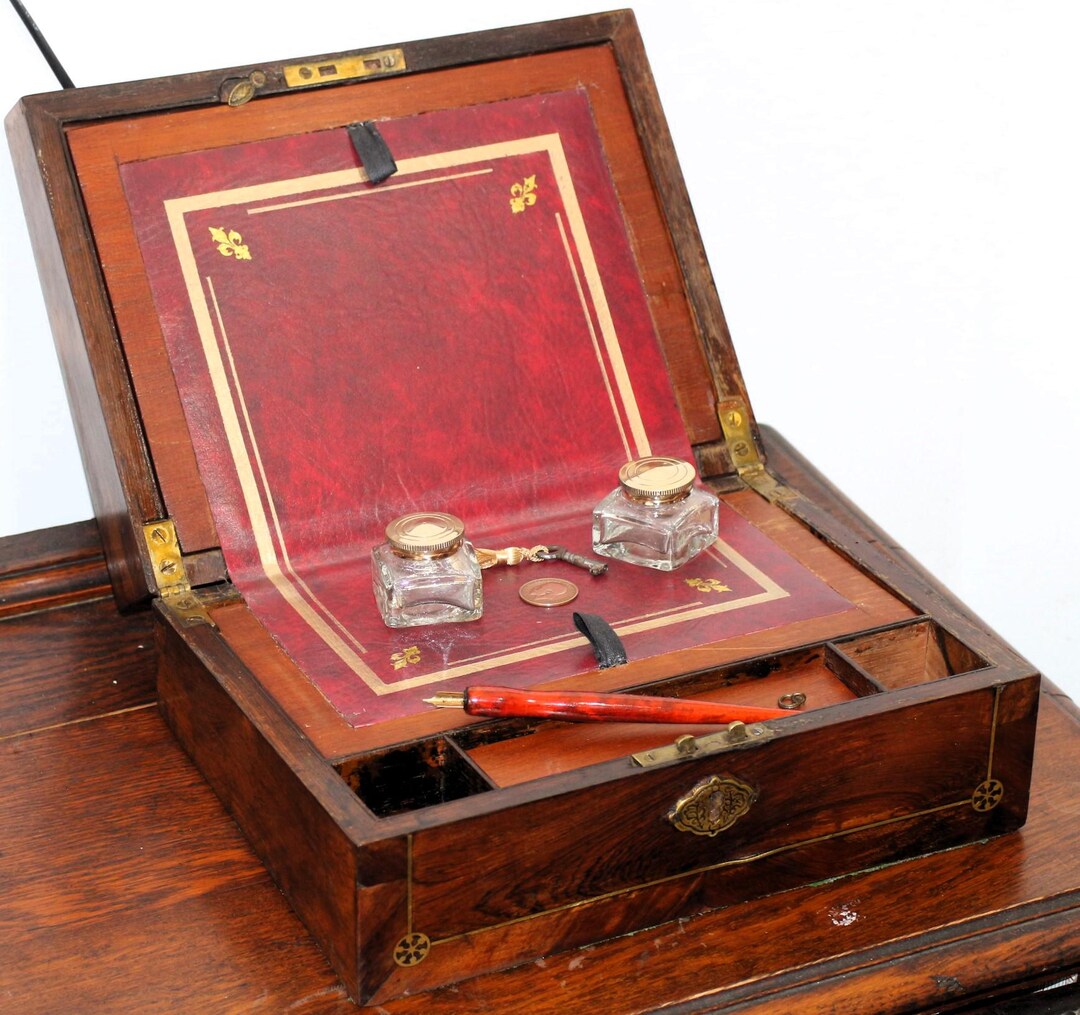 Antique Vintage Wooden Locking Writing Slope Box 2 Glass Inkwells Pen ...