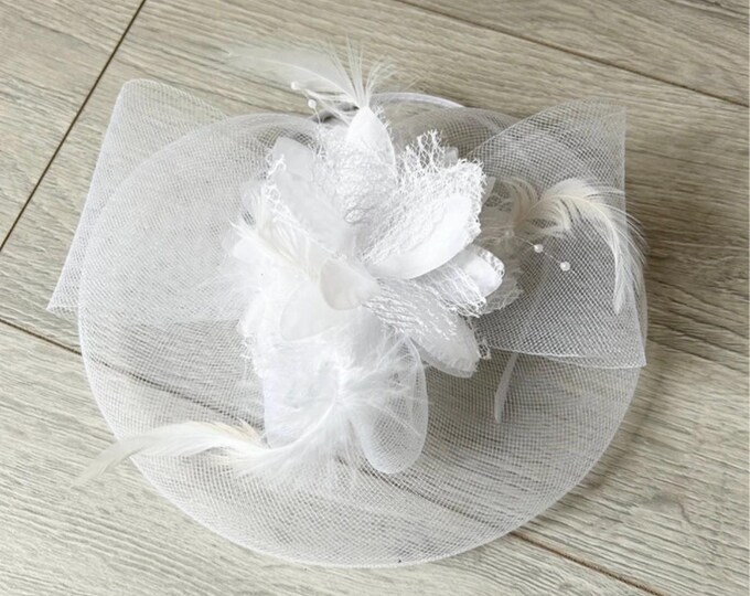 White Wedding Fascinator Feather and Net Detail - Women's Fascinators ...