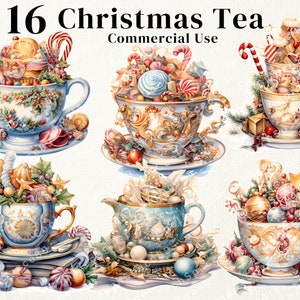 16 Watercolor Christmas Tea Clipart, Winter Holiday PNG Graphics ...