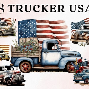 6 Trucker USA Flag Watercolor Clipart Png,trucks Boys Clipart American ...