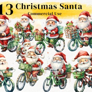 13 Watercolor Santa Claus With Green Bike Clipart Bundle, Digital ...