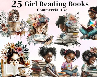 Watercolour Black Girl Reading Clipart, Girl Studying Clipart, Book ...