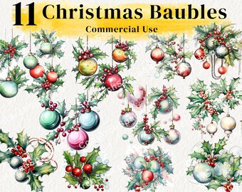 Watercolor Christmas Baubles Clipart PNG Bundle , Festive Holly Hanging ...