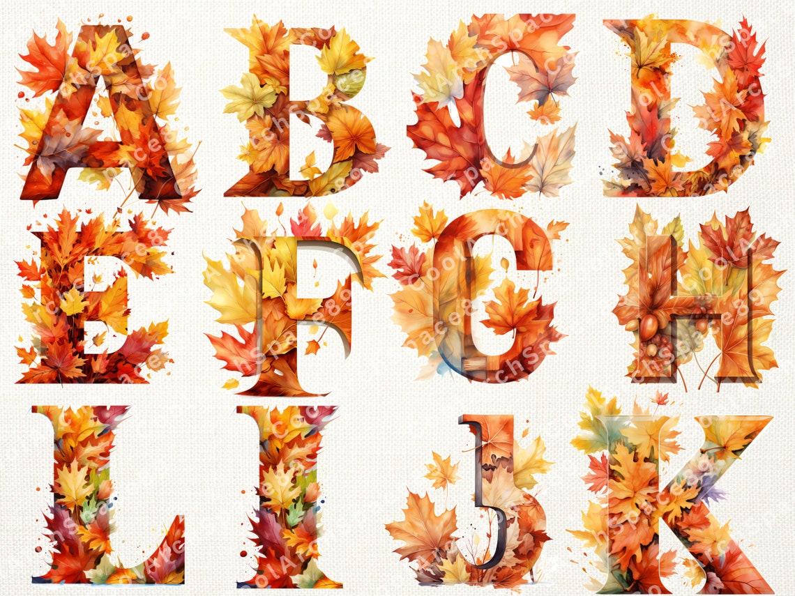 Autumn Fall Leaves Letter A-Z Clipart Bundle , Autumn Party Alphabet ...