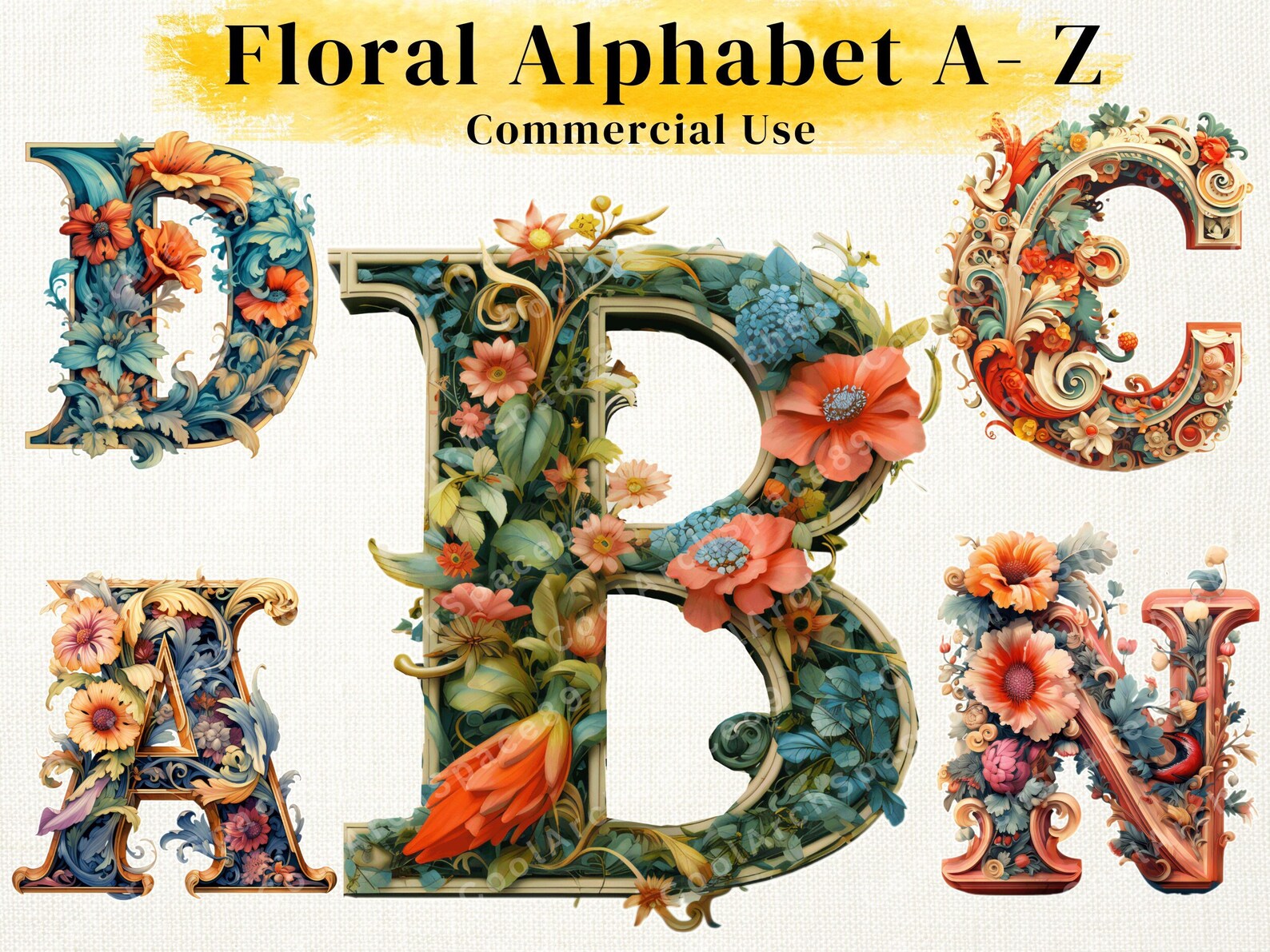 Floral Alphabet Clipart,floral Letters Png,watercolor Alphabet Png ...