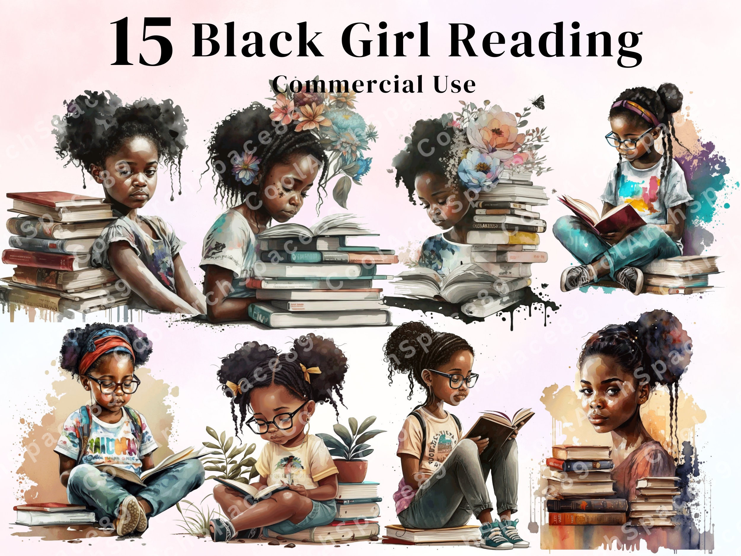 15 Watercolour Black Girl Reading Clipart, Girl Studying Clipart, Book ...
