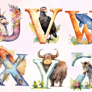 Cute Animals Watercolor Letters, Alphabet Clipart, Animals Alphabet ...
