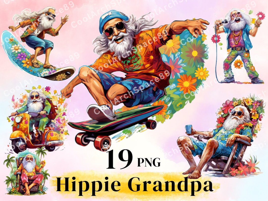 19 PNG Hippie Grandpa Clipart PNG Bundle, divertido abuelo acuarela ...