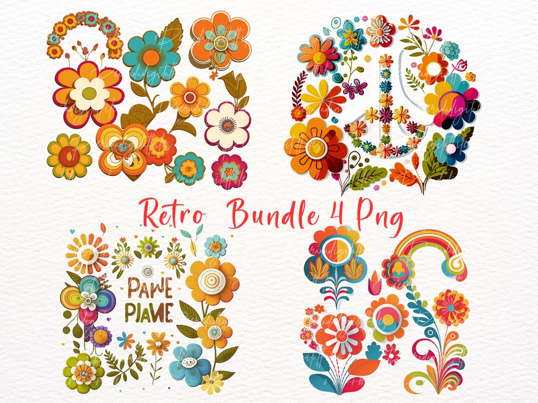 Retro Flower PNG Bundle: Groovy Floral Graphics (digital Download) - Etsy