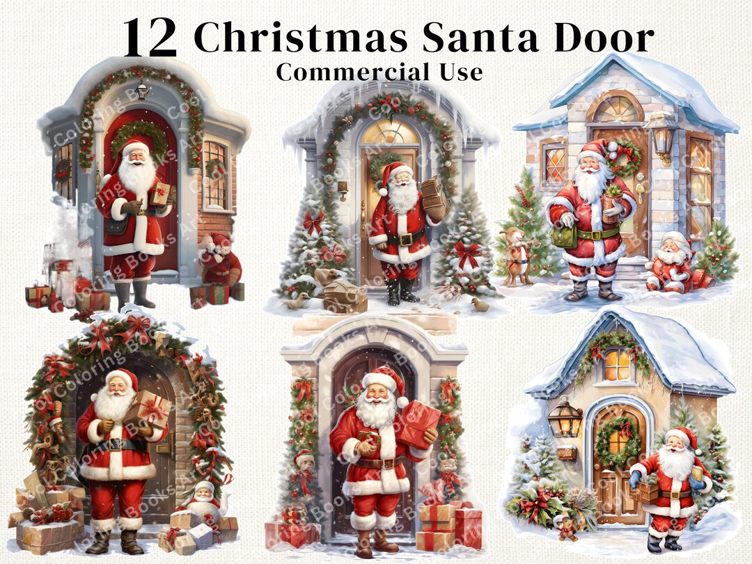 12 Watercolor Christmas Santa Door Clipart PNG Card Making Xmas Scene ...