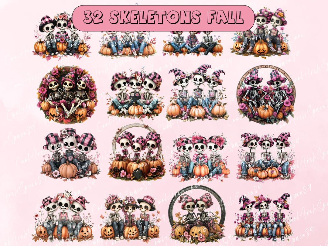 32 PNG Cute Skeletons in Pink Fall Clipart PNG , Fall Sublimation ...