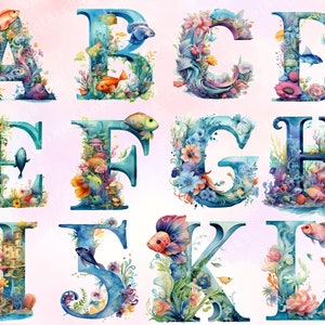 Alphabet Coral Reef, Ocean, Underwater World Watercolor Png, 26 Floral ...
