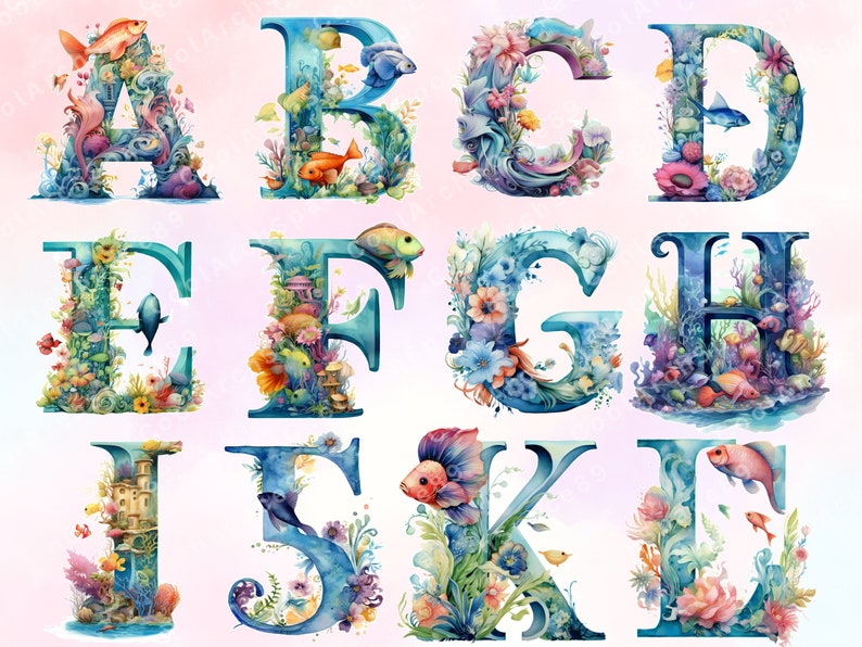 Alphabet Coral Reef, Ocean, Underwater World Watercolor Png, 26 Floral ...