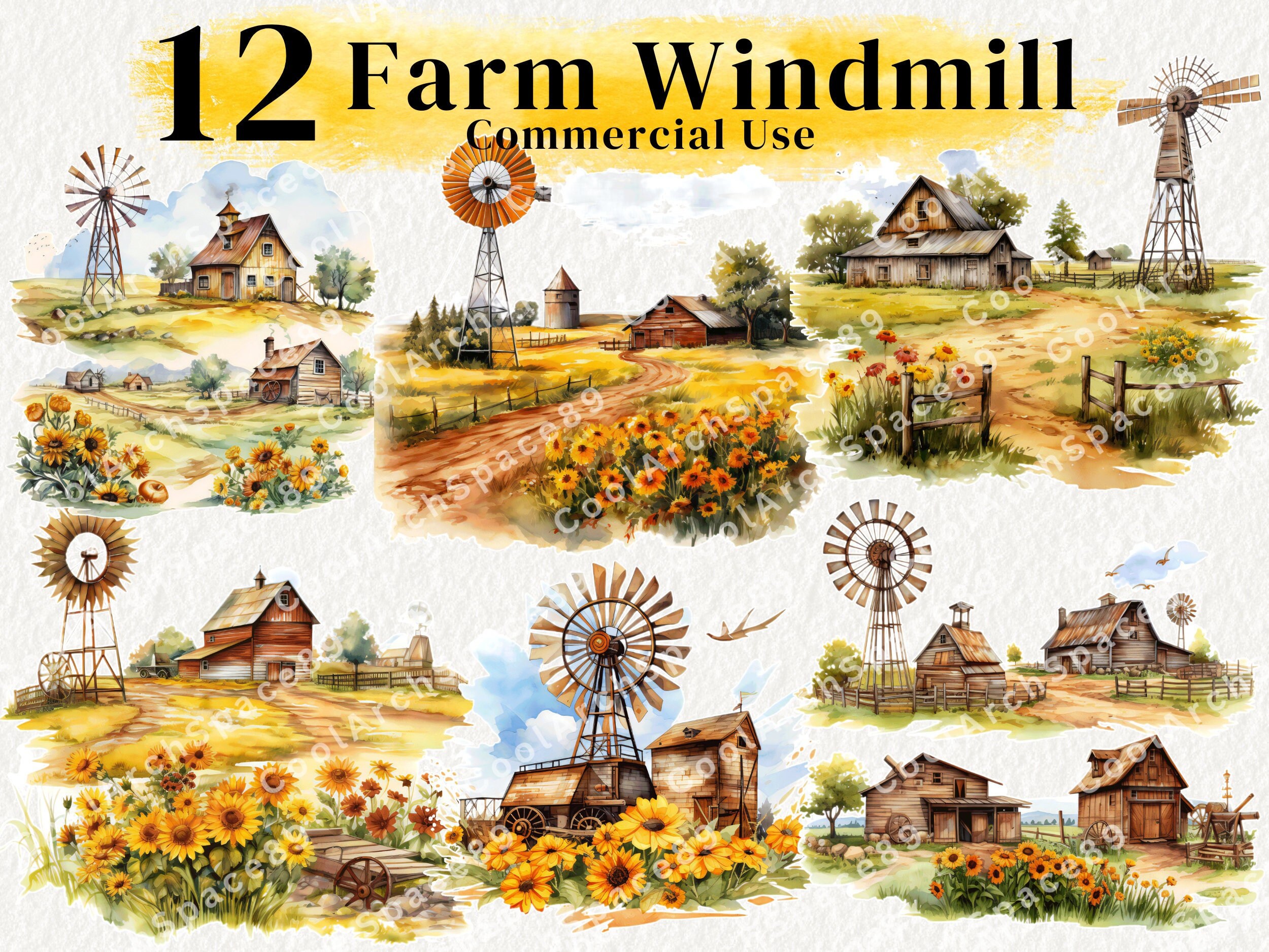 12 Farm Windmill Clipart Farmhouse , Windmill PNG Bundle ,watercolor ...